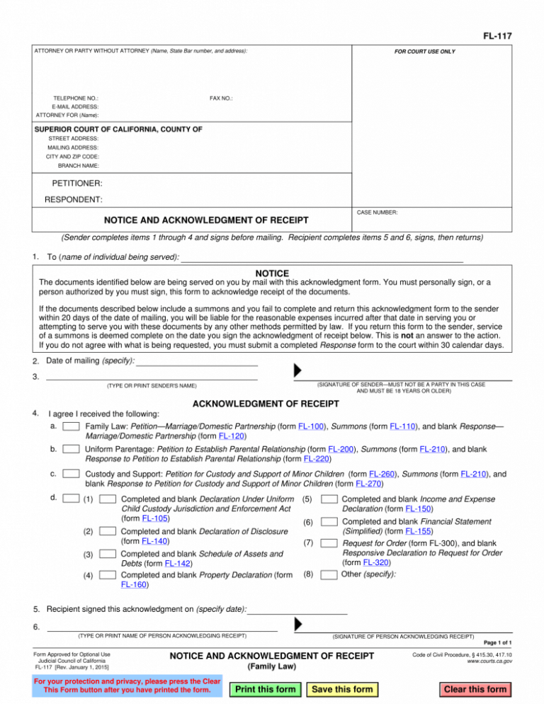 FL-117 - Notice and Acknowledgment of Receipt
