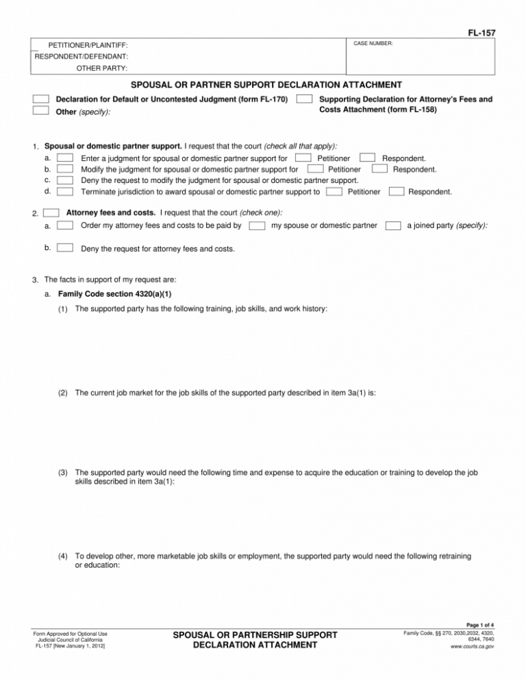 FL-157 - Spousal or Partner Support Declaration