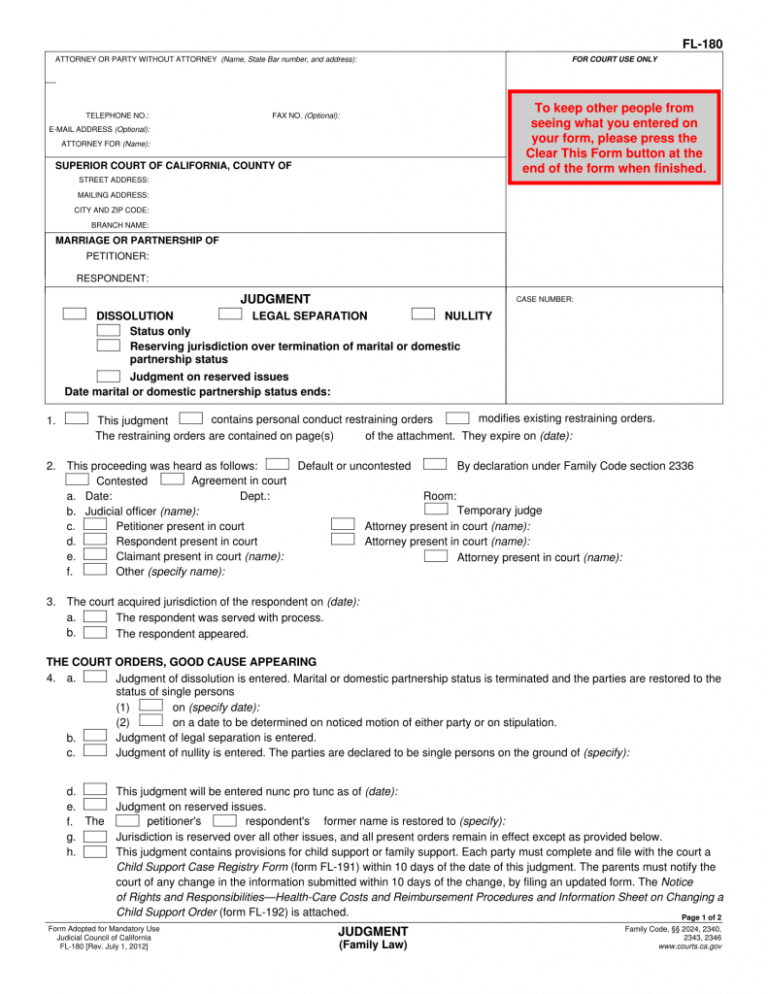 FL-180 - Judgment: Dissolution, Legal Separation, Nullity